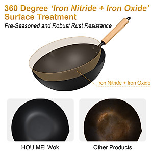 Carbon Steel Wok Pot with Lid, Nonstick Stir Frying Pan with Flat Bottom for Braising and Deep Frying, Pre-Seasoned Chinese Cooking Pan Suitable for Electric, Induction & Gas Stoves(32cm/12.6")