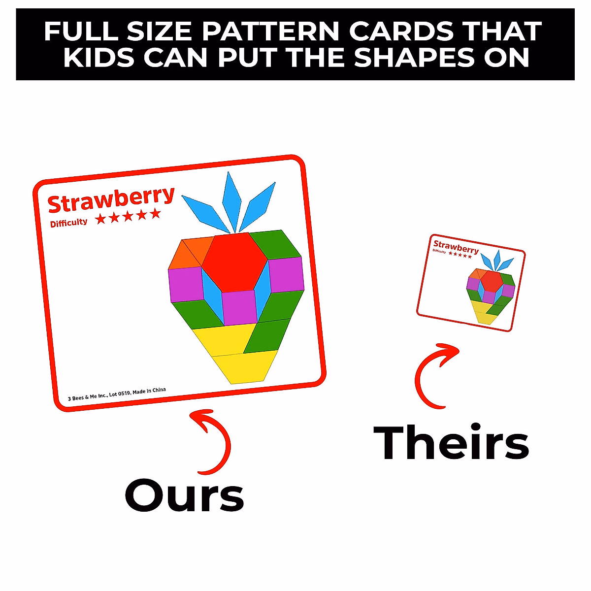 3 Bees & Me Wooden Pattern Blocks - Fun Montessori Learning Toys for Ages 3 to 9 - Tangram Shapes Puzzle Set with 155 Pieces