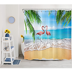 LB Summer Beach Theme Shower Curtain for Bathroom,Funny Flamingo and Blue Sky Ocean Fabric Shower Curtain with Hooks,Tropical Plant Palm Leaf Bathroom Curtains Shower Set, 72x72 inches