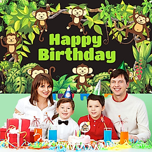 Monkey Jungle Safari Birthday Banner Decorations Cute Monkeys Theme Birthday Backdrop for Boy Girl Kid Forest Green Leaves Photography Background for Birthday Baby Shower Wild Party Supplies 71x44Inch