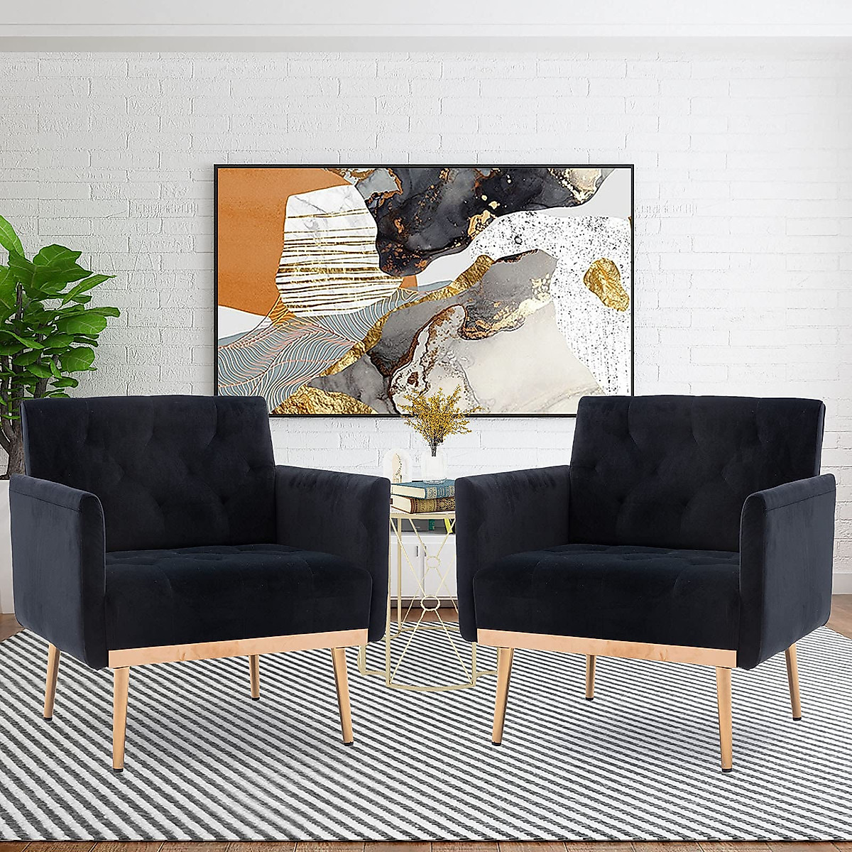 SSLine Modern Upholstered Velvet Accent Armchair Button Tufted Single Sofa Chair for Living Room Mid-Century Home Office Guest Arm Chair with Rose Gold Metal Legs (Black)