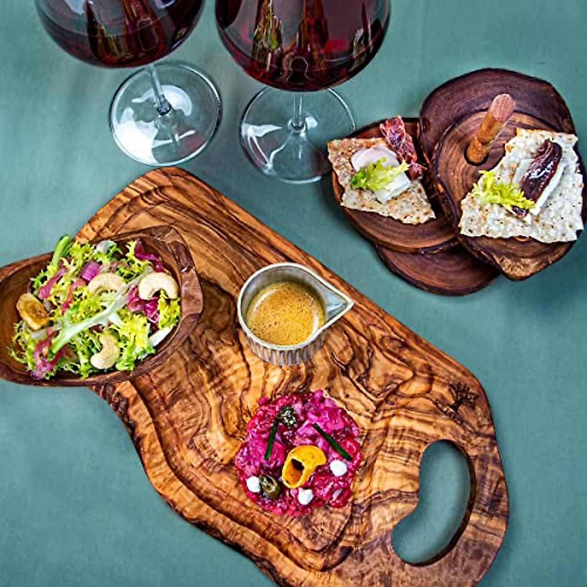 SOLTAKO Olive Wood Cutting Steak Board, Wooden Charcuterie Board, Large Cheese Board, Hand Made Serving Platter, Rustic Chopping Board with Juice Groove, Chopping Board with Handle (17,7")