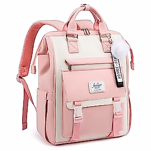 LOVEVOOK Laptop Backpack for Women,15.6 Inch College Backpack,Light Weight Travel Backpack Waterproof Casual Daypack Computer Backpack fits Travel Work Casual（15.6 inch,Pink&Beige）