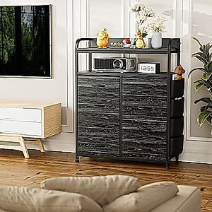 Lulive 8 Drawer Dresser with Shelves, Chest of Drawers for Bedroom with Side Pockets and Hooks Fabric Storage Tower Organizer for Nursery Hallway, Closet, Wood Top (Charcoal Black), (Dressers-HI1349)