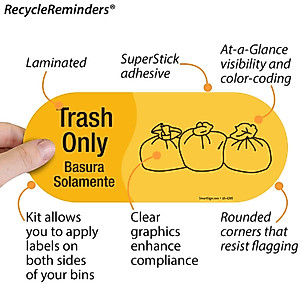 SmartSign (Pack of 4) 3.75 x 9 inch “Trash Only - Basura Solamente” Bilingual Sticker Labels with Symbol, 5 mil Laminated Polyester with SuperStick Adhesive, Yellow and Black