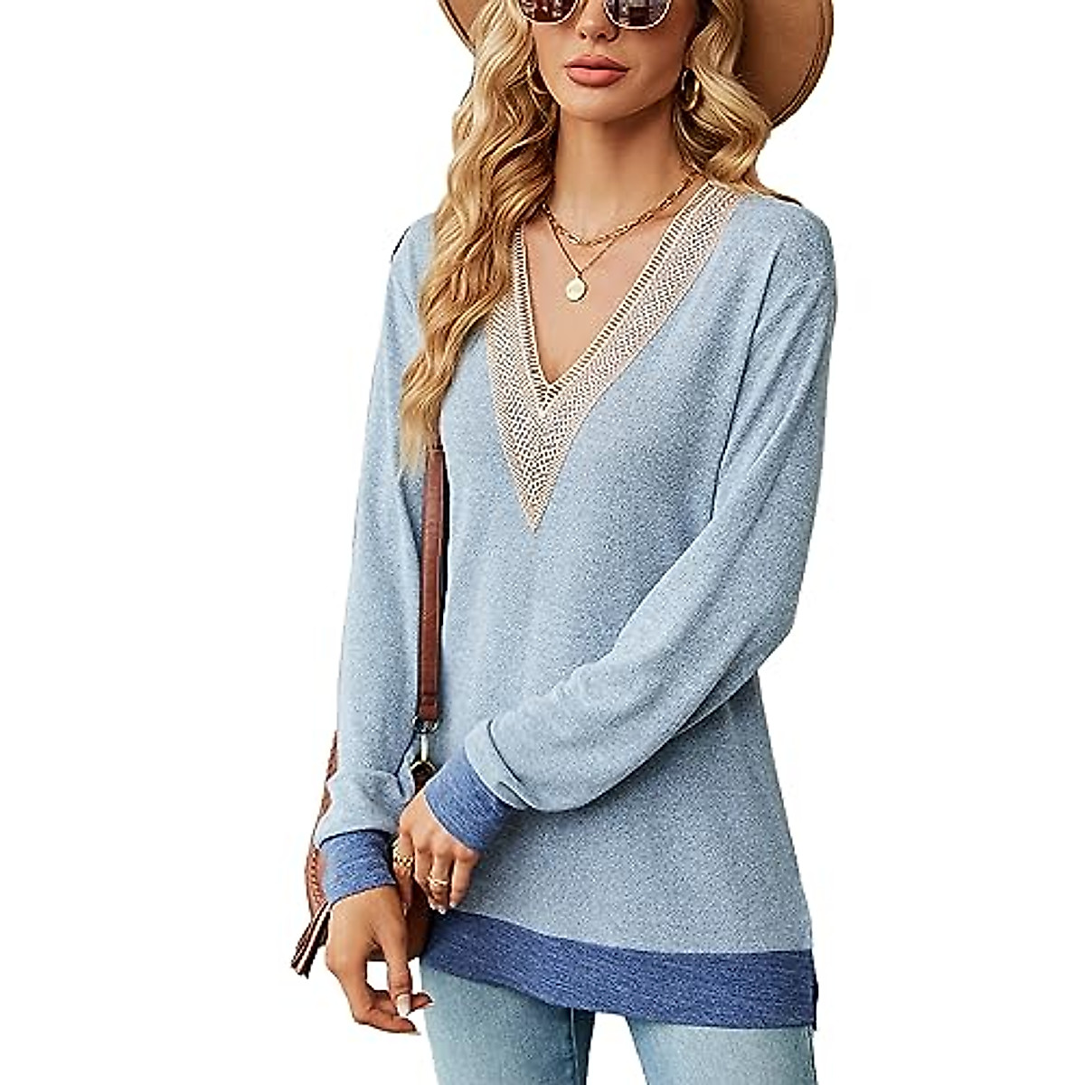 Keificle Women's V-Neck Pullover Color Blocking Long Sleeves Side Split Fall Tunic Tops (Large, 01_Light Blue)