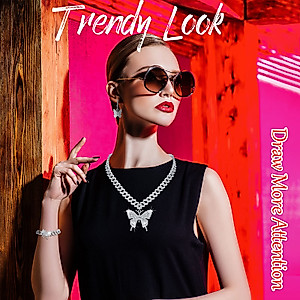 Junkin 3 Pieces Butterfly Necklaces for Women Butterfly Jewelry Set Butterfly Pendant Necklace Rhinestone Link Necklace Bling Charm Butterfly Hoop Earrings for Women Girl (Rhinestone Chain)