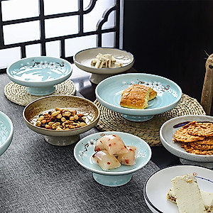 Kelendle Ceramic Footed Bowl Round Pedestal Bowl Decorative Fruit Bowl Serving Dish Dessert Display Tray Trifle Cups Snacks Nuts Plate for Kitchen Counter Centerpiece Table Decor Blue 10inch