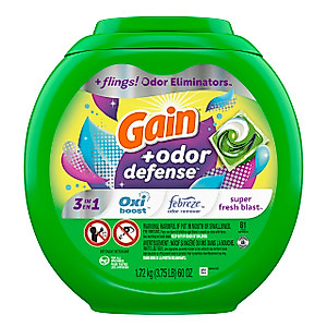 Gain Flings Laundry Detergent Pacs with Odor Defense, HE Compatible, 3in1 with Febreze and Oxi, Super Fresh Blast Scent, 81 Count