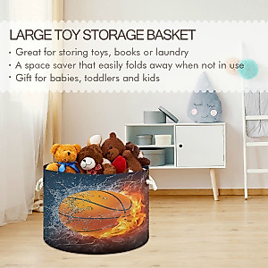 ALAZA Basketball Ball Fire Water Storage Box Toy Basket Laundry Storage Organizer Bins with Handles Large Baskets for Living Room Nursery Decor