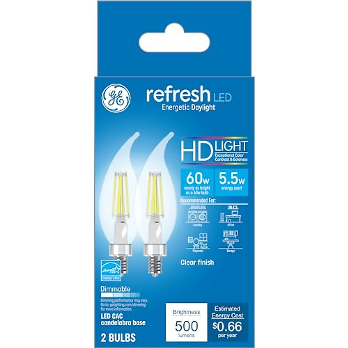 GE Refresh LED Light Bulbs, 60 Watt, Daylight, Decorative Bulbs, Clear, Small Base (2 Pack)