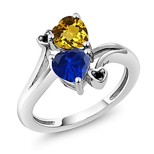 Gem Stone King 1.53 Ct Heart Shape Citrine Blue Created Sapphire 10K White Gold Diamond Accent Ring (Size 9)