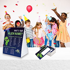 What's Your Alien Name Game Sign with Name Tag Stickers for Baby Shower, Baby Shower Decorations, Birthday Party Game, Baby Shower Games Fun for Adults & Kids Family Class Office Activity PTWYN03