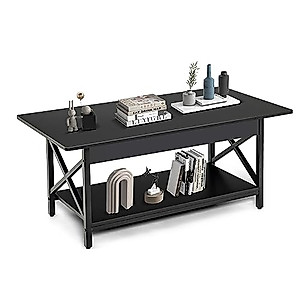 IFANNY Coffee Table, 44" Rectangle Cocktail Table with Storage Shelf, Industrial Accent Table with Metal Frame & Adjustable Foot Pads, Wood Center Table for Living Room, Home Office (Black)