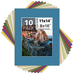 Mat Board Center, Pack of 10 11x14 Mixed Colors White Core Picture Mats for 8x10 Pictures