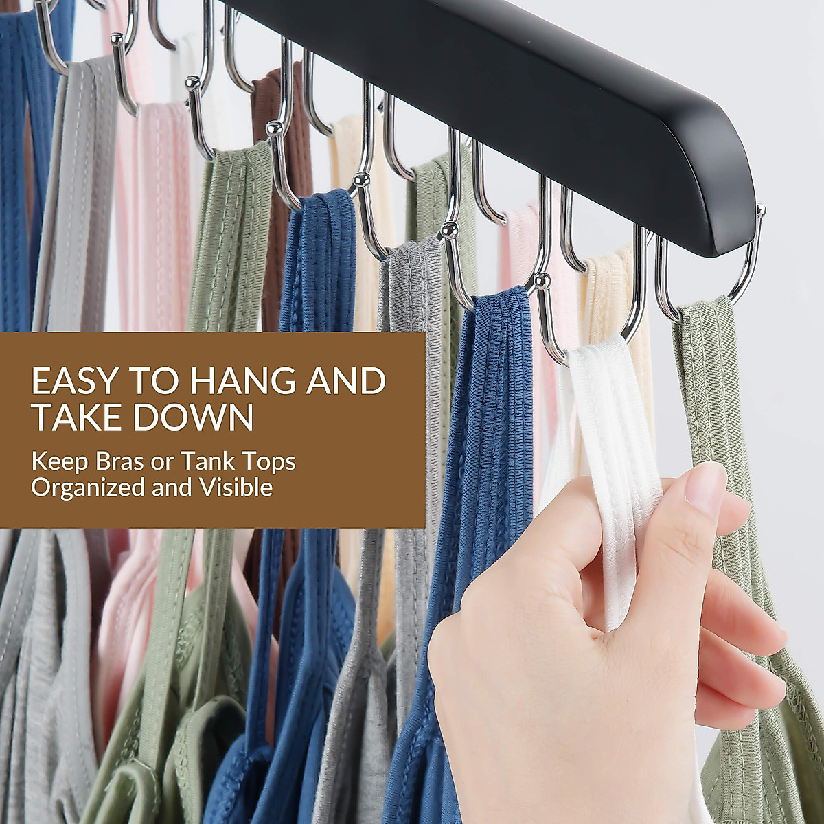 ZEDODIER Bra Hanger for Closet, Tank Top Hanger 20 Hooks Capacity, Wood Space Saving Hanger Closet Organizers and Storage for Dorm & Apartment, Black