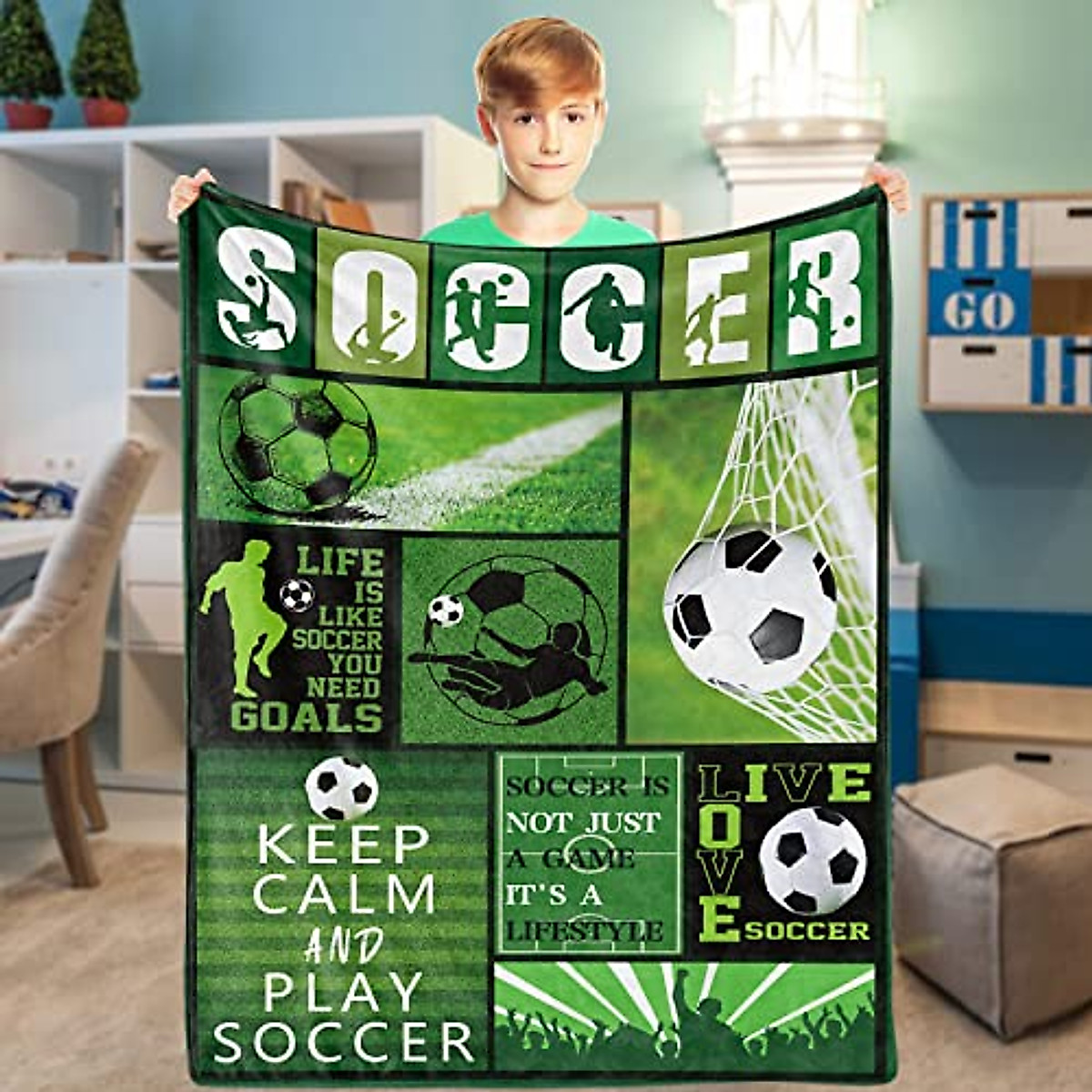 Soccer Throw Blankets Kids Throw Blankets Soccer Soft Flannel Soccer Ball Blanket Green Cozy Fluffy Fuzzy Soccer Lover Gift Blankets for Toddler Boy Men Soccer Team Player Birthday Sofa 40x50 Inch