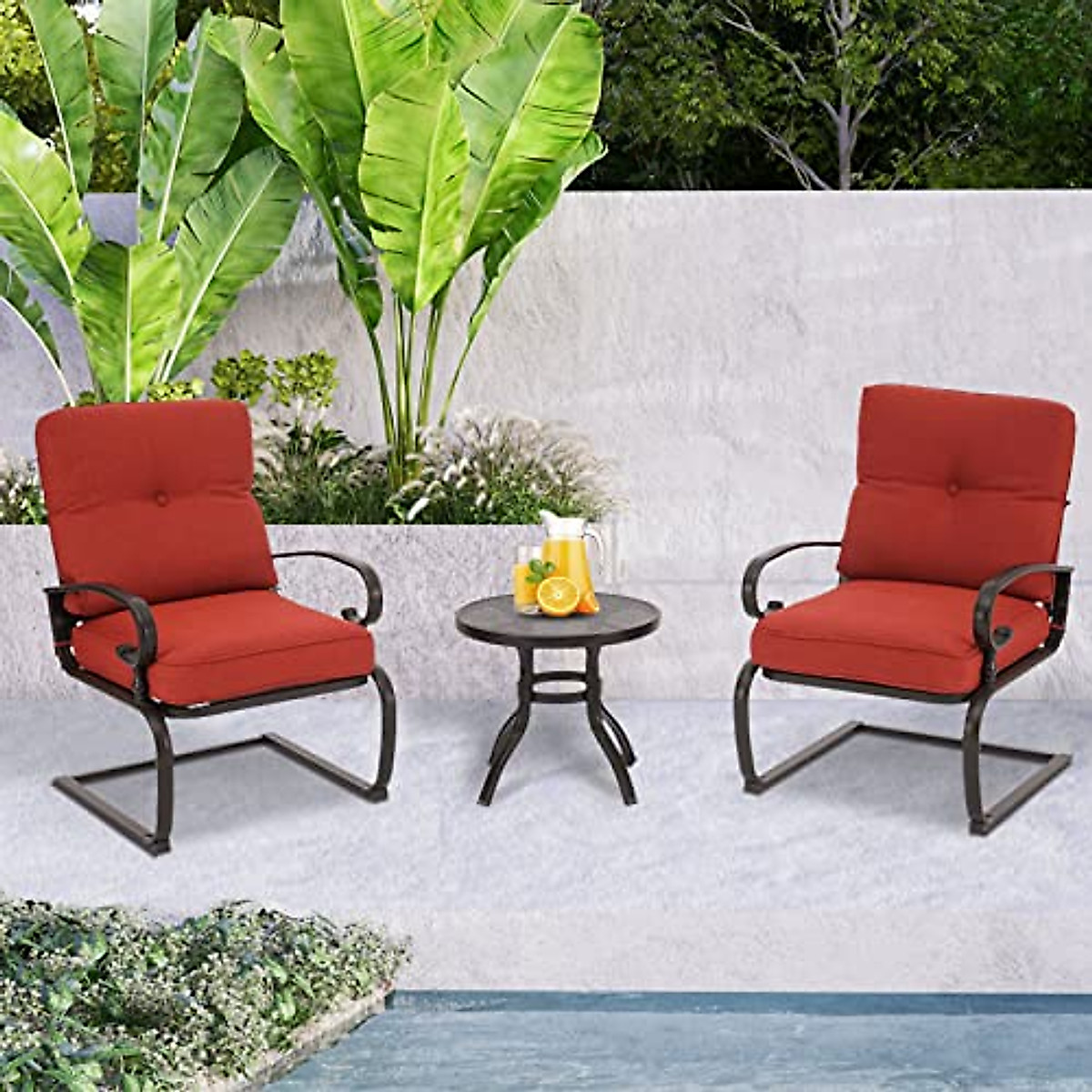 CrownLand 3 Piece Patio Furniture Outdoor Bistro Set Metal Action Lounge Cushioned Chairs and Bistro Round Table Set, Wrought Iron Cafe Furniture Set,Red