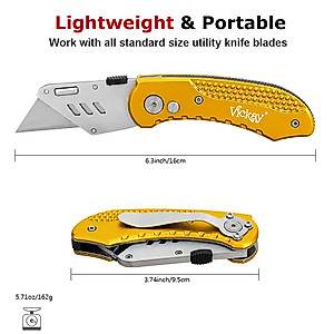 Vickay Folding Utility Knife Box Cutter Utility Blades Heavy Duty with 5 SK5 Quick Change Blades, Safety Axis Lock Design Razor Knife, Lightweight Aluminum Body Belt Clip for Office
