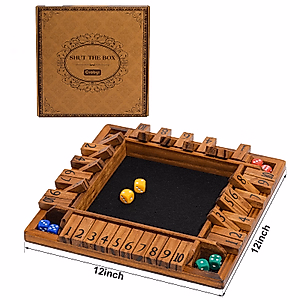 Crobyi Shut The Box Game Wooden for 1-4 Players，Educational & Fun Wooden Board Game with 10 Dice and Shut-The-Box Instructions for Kids & Family, Pub Dice Game for Adults. (12 Inches)