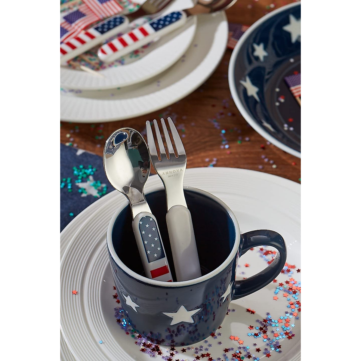 Annova Kids Silverware 6 Pieces Stainless Steel Children's Flatware Set 3 x Forks, 3 x Dinner Spoon Plastic Handle, Toddler Utensils Without Knives, for Babies, Infants BPA Free (US Flag)