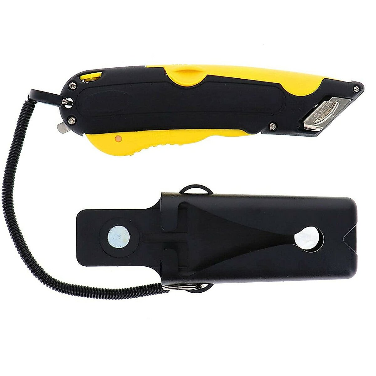 Veltec EZ-2000 Safety Box Cutter Utility Knife, Tape Splitter at Back, 3 Blade Depth Setting, Squeeze Trigger and Dual Side Edge Guide, 2 Blades (Yellow)