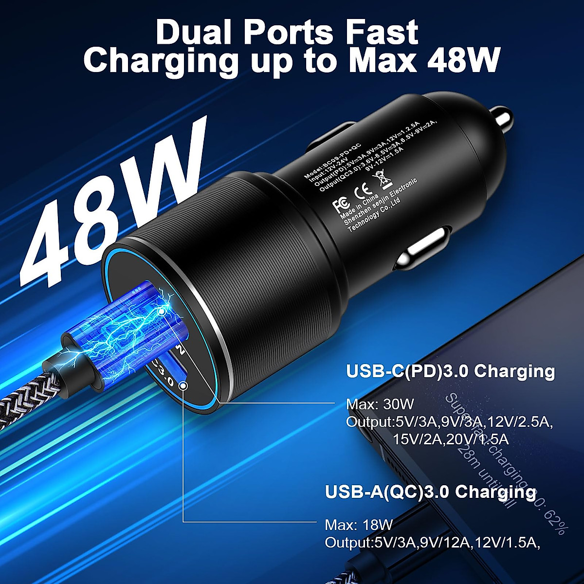 Fast Car Charger 48W USB C Car Cigarette Lighter Plug Android Phone Car Adapter C to C Type Fast Charging Cable for Google Pixel 8 7 Pro 7a 7 6,Samsung Galaxy S23 S22 S10 A14 5G A34,iPhone 15