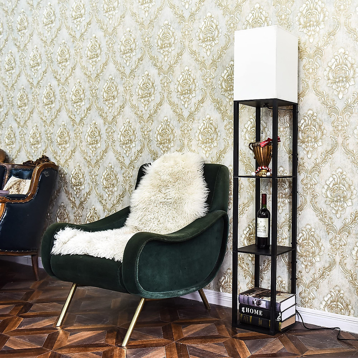 PESRAE Floor Lamp with Shelves by Solid Wood, Modern Shelf Floor Lamp with 3 Color Temperature, Linen Lampshade and Storage Shelves for Living Room, Bedroom, Bulb Included, Matte Black