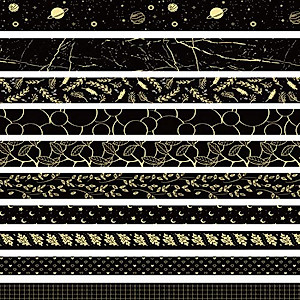 VEYLIN 10Rolls Black Gold Washi Tape, Premium Mixed Size Decorative Masking Tape for Scrapbook Journal