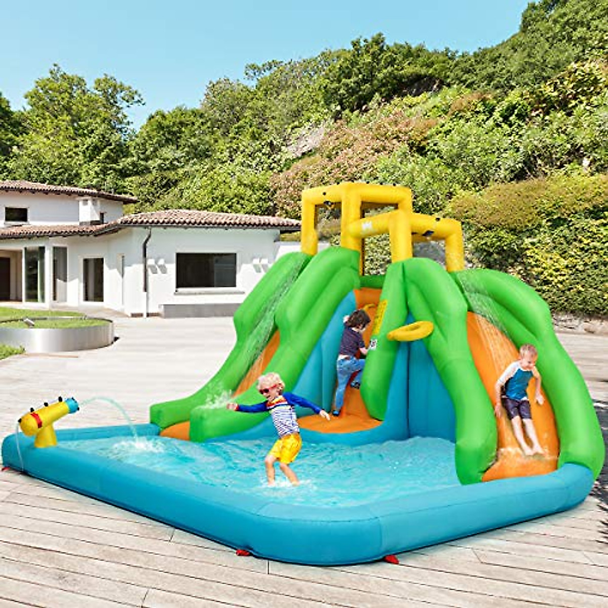 HONEY JOY Inflatable Water Slide, 6 in 1 Kids Bouncer Water Park w/Climbing Wall & 2 Long Slides, Splash Pool, Water Cannons, Indoor Outdoor Blow Up Water Slides for Backyard(Without Blower)