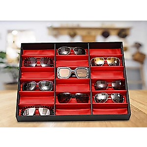 Home-X 18-Slot Standing Glasses Organizer, Glasses Holder, Commercial Sunglasses and Eyewear Display, Collectables Storage Box, Travel Display Case, 18 ¾" L x 15" W x 2 ¼" H, Red