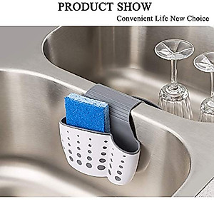 Sink Caddy Sponge Holder for Kitchen Sink Faucet Hanging Sink Sponge Caddy Organizer for Sponge, Brush, Soap, Silicone Plastic Saddle Faucet Flexible Caddy with Drain Holes for Drying,Double White