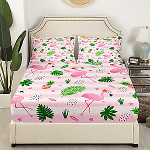 Feelyou Pink Flamingo Bed Sheet Set Full Size, Tropical Flamingo Fitted Sheet Flamingo Bedding Set Plam Leaves Bed Cover with 2 Pillow Case (No Flat Sheet)