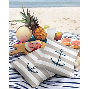 Outdoor Waterproof Pillow Covers for Patio Blue Nautical Anchor Chain Decorative Throw Pillow Cover Beige White Stripes Pillowcases Set of 2 Cushion Case for Sofa Couch Chair Home Decor 20x20 inch