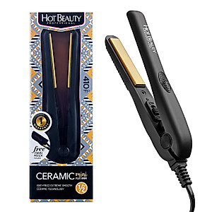 Hot Beauty Professional Ceramic Mini Flat Iron 1/2", Anti-Frizz, Fast Heating, Versatile Styling for Curly & Straight Hair, Ideal for Traveling with Travel Pouch (Black)