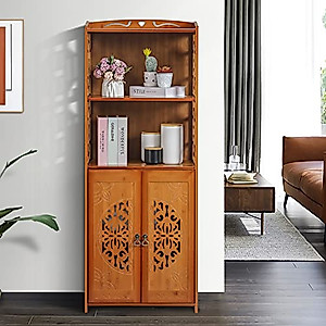 MoNiBloom 4 Tier Bookcase with Storage Cabinet, Bamboo Book Shelves Display Shelf with Carved Door for Home Office Living Room Study Room, Brown