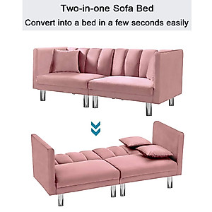 SLEERWAY Velvet Futon Sofa Bed with Two Pillows, Modern Sleeper Sofa Couch with 3 Adjustable Angles, Convertible Small Loveseat for Living Room, Pink