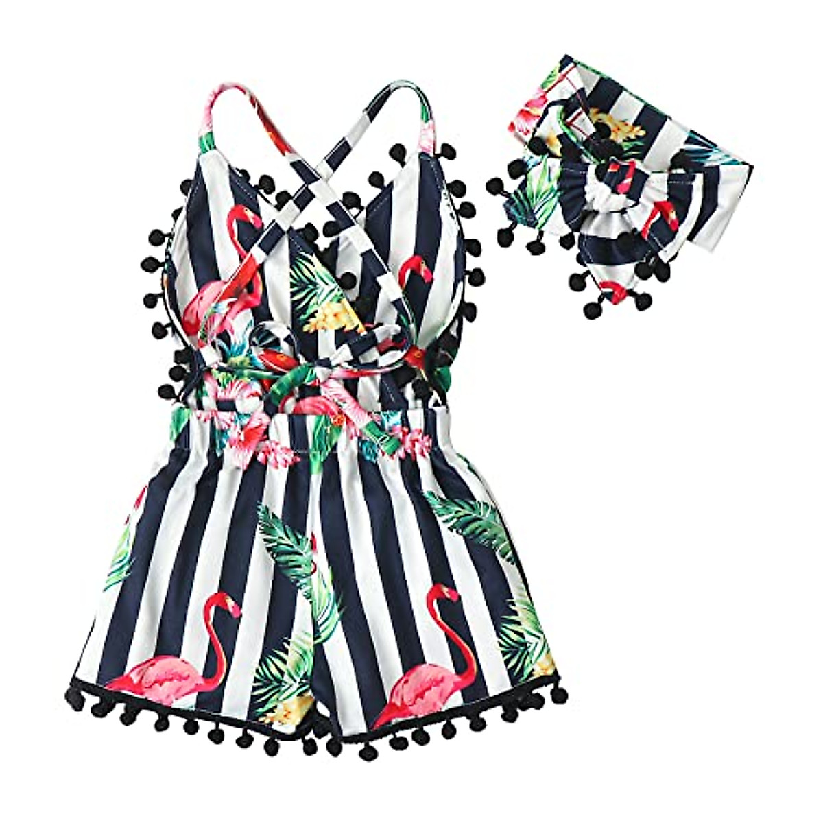 SAPGEJJDJFGE Toddler Baby Girl Clothes Backless Shorts Romper Tassel Jumpsuits Summer Outfit Set with Headband Flamingo 3-4T