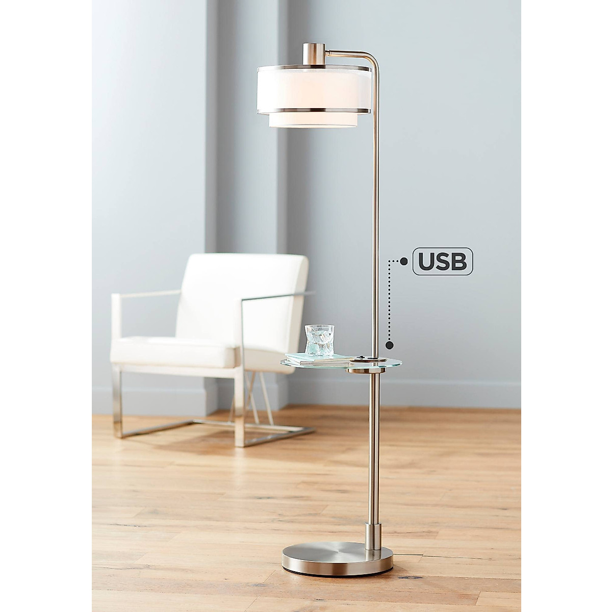 Possini Euro Design Vogue Modern Floor Lamp with Table Tempered Glass 60" Tall Brushed Nickel White Linen Silver Organza Double Drum Shade USB Charging Port for Living Room Reading House Bedroom
