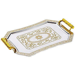 GURUDAR Vintage Stainless Steel Decorative Tray 17" x 12", Rectangle Metal Serving Tray with Golden Engraving Pattern & Plastic Handle for Coffee Tea Table Home Décor Living Room Kitchen Dining