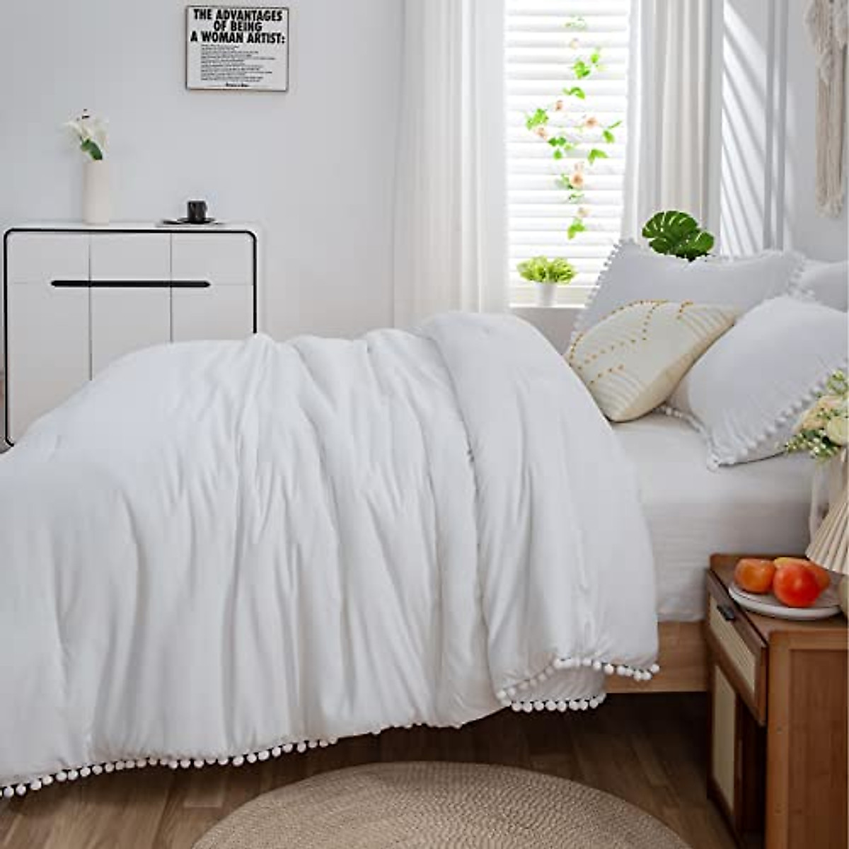 annadaif White Comforter Set Full Size, Pom Pom Fringe Comforter 3 Pieces, Soft Microfiber Down Alternative Bedding Set for All Season as Gift (1 Comforter, 2 Pillowcases)