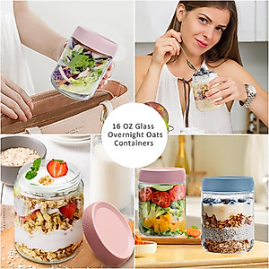 MR.KIANGCI 6 Pack Overnight Oats Containers with Lids, Glass Jar Mason Jars 16 OZ with Lids and Spoon,Reusable Wide mouth Mason jars for Overnight Oats,Yogurt,Snacks,Fruit,Salad Dressing,Leak Proof