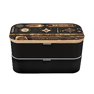 Bohemian Style Adult Lunch Box, Bento Box, With Cutlery Set Of 3, 2 Compartments, Rectangular, Lunch Box For Adults