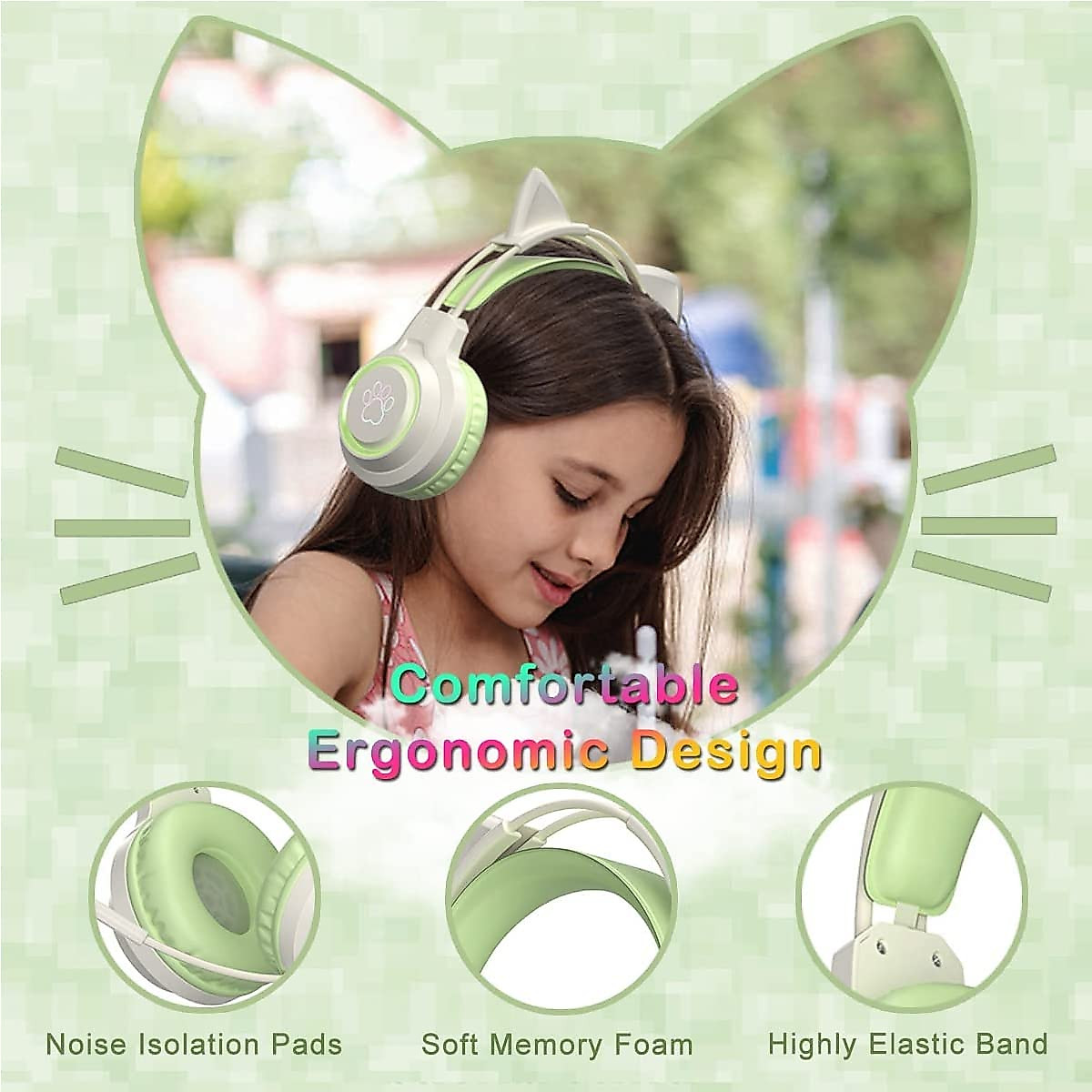 Gaming Headset with Removable Cat Ears, 3.5mm Wired Headphones with Adjustable Microphone, Extendable Padded headband, Noise Cancelling and RGB Light Headphones for Xbox/PS4/Switch/Mac/Phone (Green)