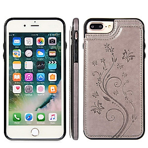 Phone Case for iPhone 7plus 8plus 7/8 Plus with Tempered Glass Screen Protector and Card Holder Wallet Cover Flip Leather Cell Accessories i Phone7s 7s + 7+ 8s 8+ Phones8 Cases Women Men Gray