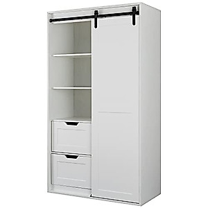 71 inch Tall Bedroom Armoire Wardrobe Closet Clothing Storage Cabinet with Hanging Rod Barn Door Drawers Open Shelves (White)