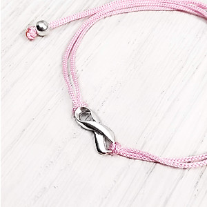 Claudia Lira Joyas Pink Breast Cancer Awareness Thread Friendship Support Bracelet, Small Handmade Sterling Silver Ribbon Shaped Charm, Adjustable Cord