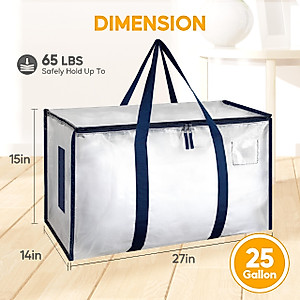 HealSmart 4 Pack Large Moving Bags with Zippers & Handles, Moving Supplies with lids, Heavy Duty Totes for Space Saving, Fold Flat, Moving and Storing, Clear