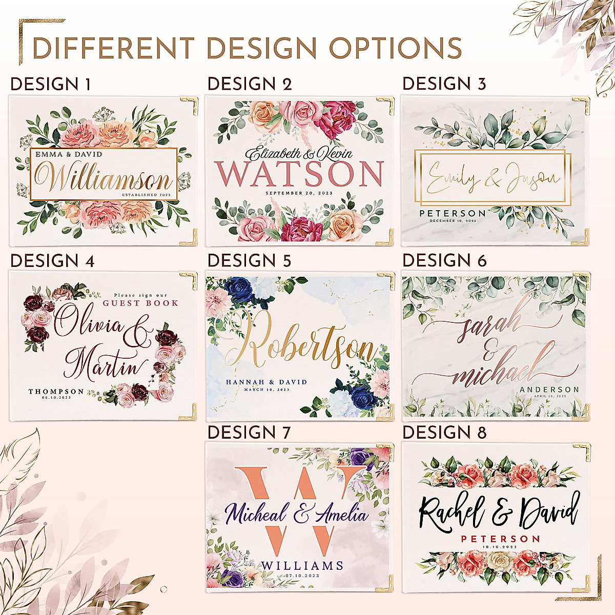 Personalized Wedding Guestbook w/Bride and Groom Name & Text & Date - 8 Floral Design 9"x7" Inches - Customized Hardcover Canvas Guest Book Registry Sign-in Gifts, Custom Large Signing Books Gift C1