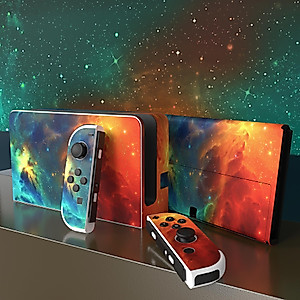 PlayVital Full Set Protective Stickers for Nintendo Switch OLED Model, Customized Vinyl Decal Skins for Switch OLED Console & Joycon & Dock & Grip - Orange Star Universe